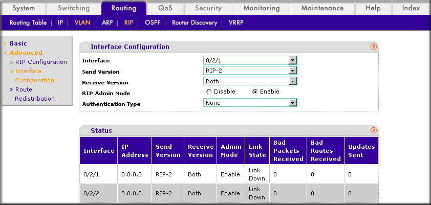 How do I configure VLAN routing with Routing Information Protocol (RIP) support using the web ...